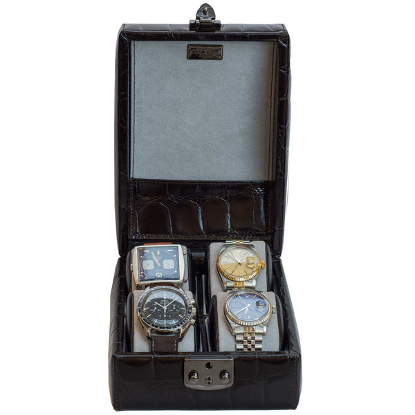 DiLoro Italian Leather Four Watch Case Box Dark Brown Croc Print ...