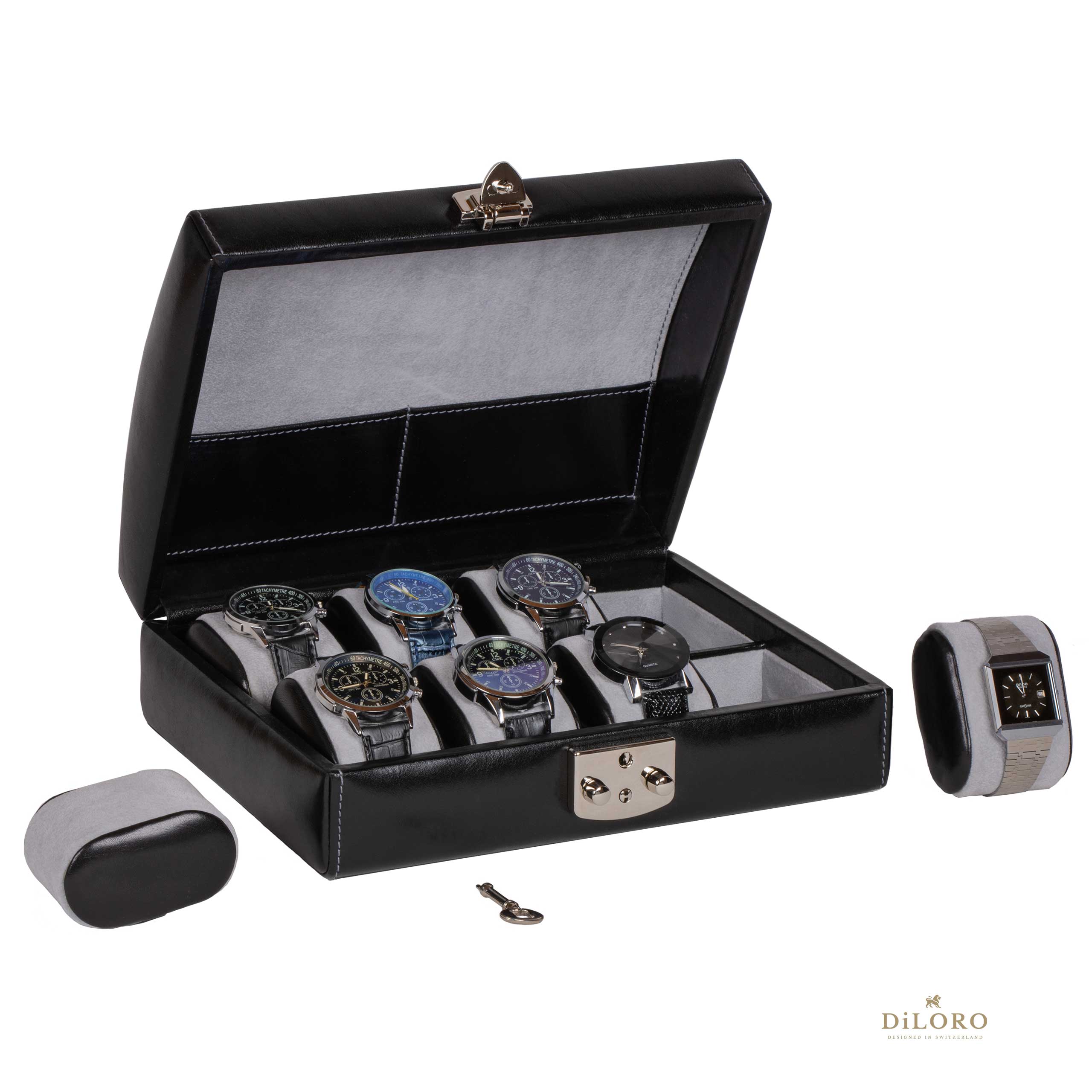 Italian Leather Eight Watch Case Box in Midnight Black - DiLoro Leather