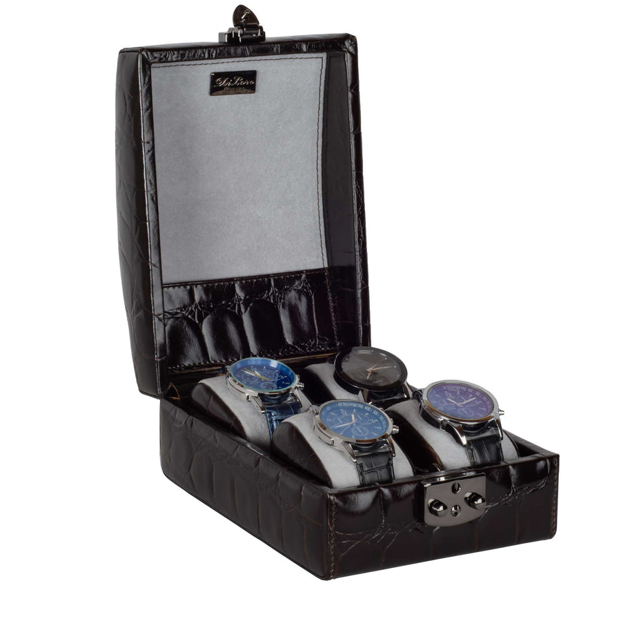 DiLoro Italian Leather Four Watch Case Box Dark Brown Croc Print ...