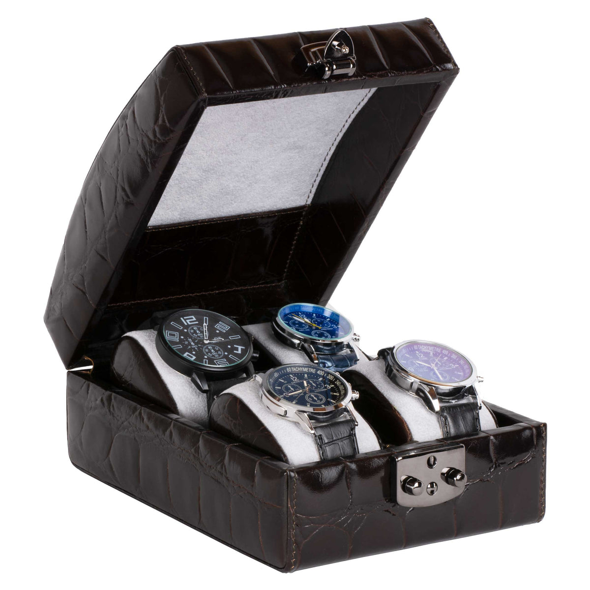 DiLoro Italian Leather Four Watch Case Box Dark Brown Croc Print ...