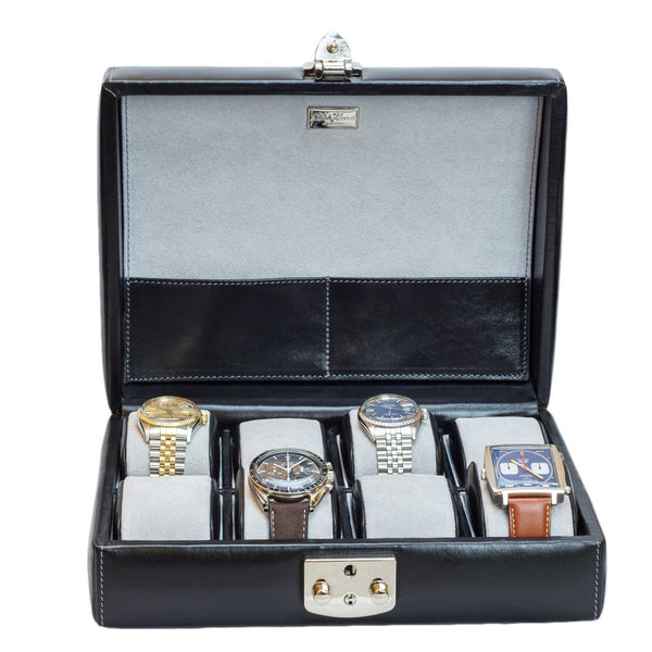 Italian Leather Eight Watch Case Box in Midnight Black - DiLoro Leather